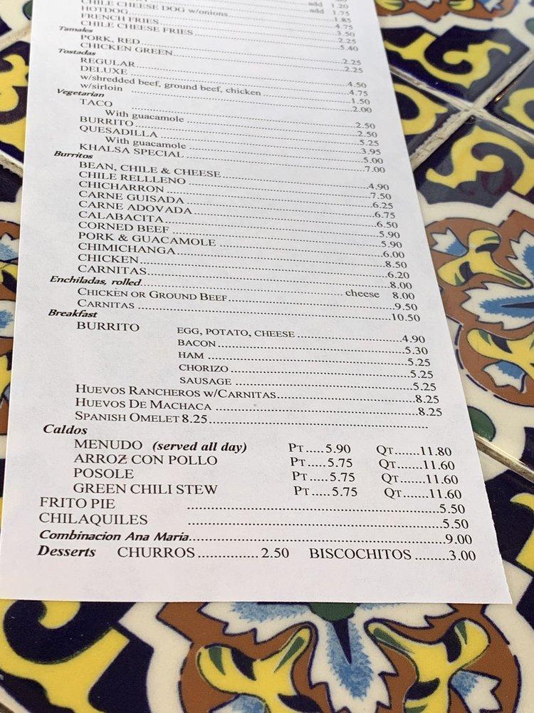 Menu at El Parasol restaurant, Pojoaque