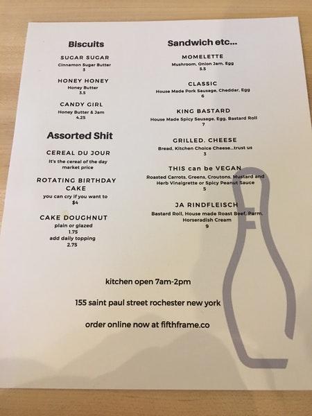 Menu at Fifth Frame Brewing Co. pub & bar, Rochester