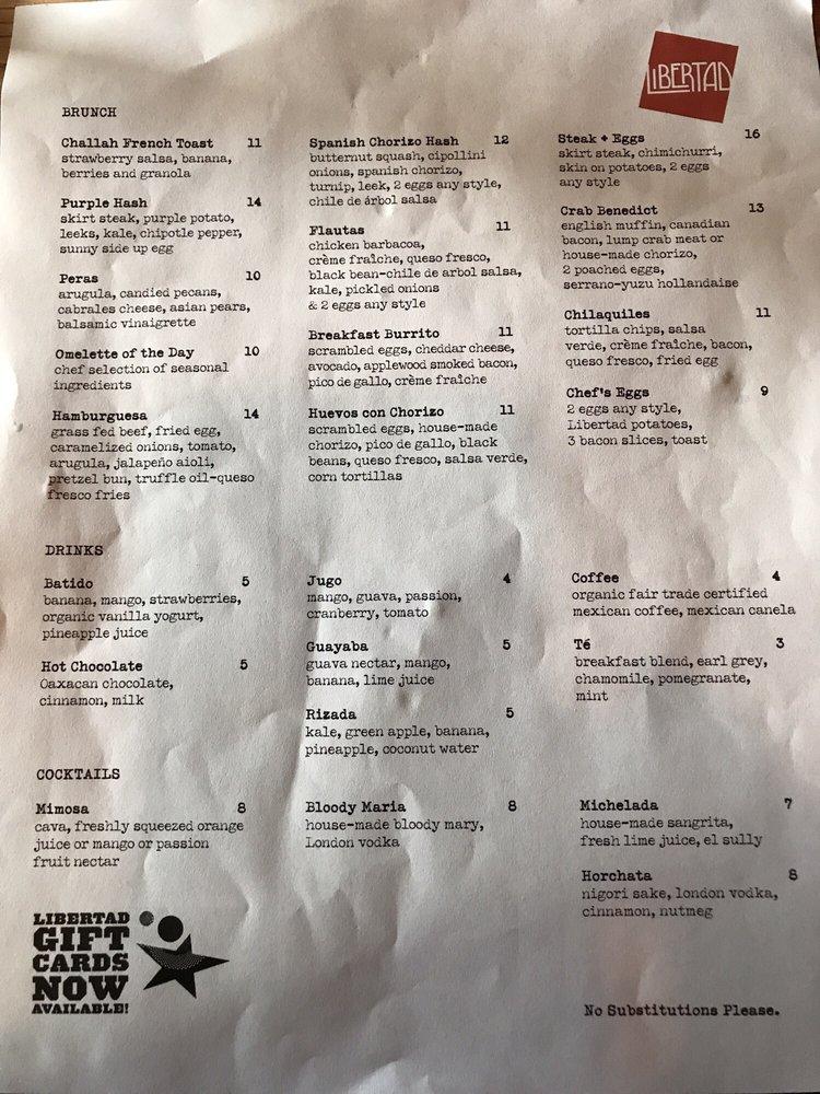 Menu at Libertad pub & bar, Skokie