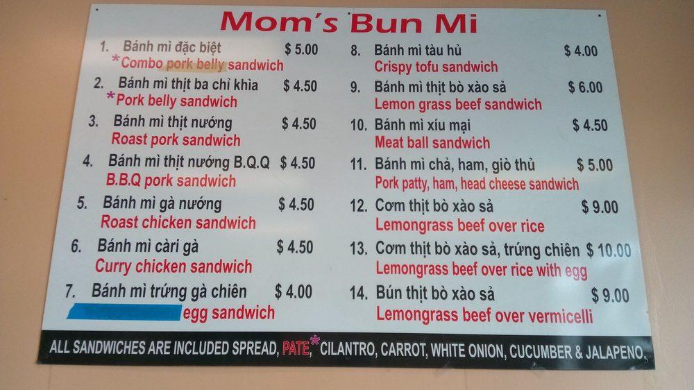 Menu at Mom's Bun Mi restaurant, Oakland