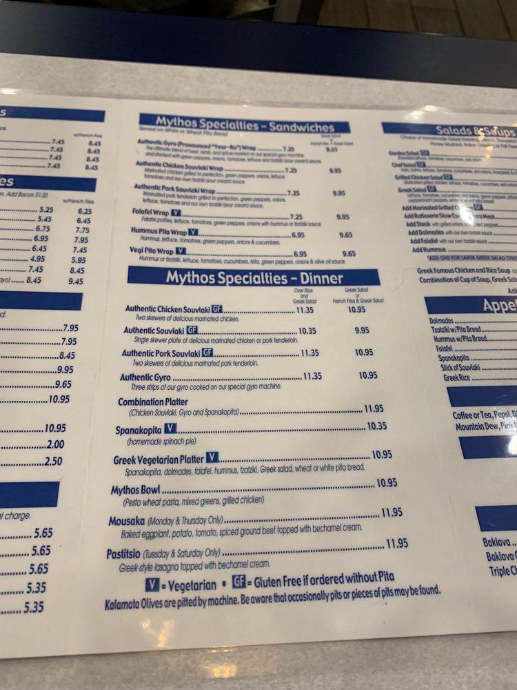 Menu At Mythos Grill Restaurant Greensboro Battleground Ave