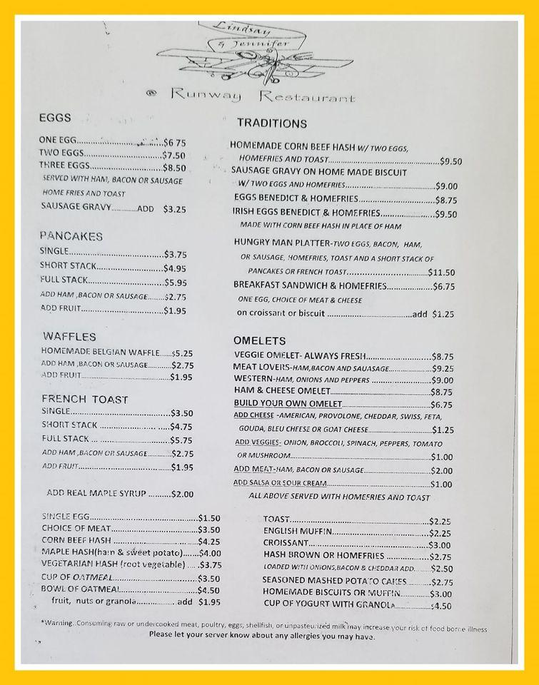 Menu at Runway Restaurant, Limington
