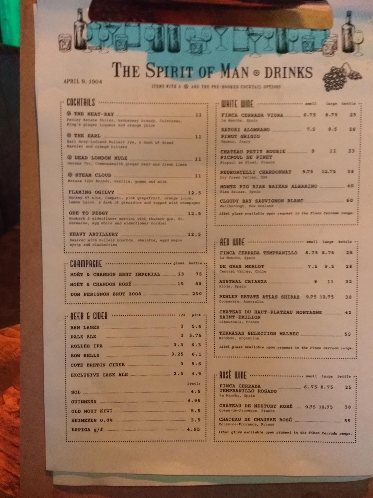 Menu at The Spirit of Man pub & bar, London