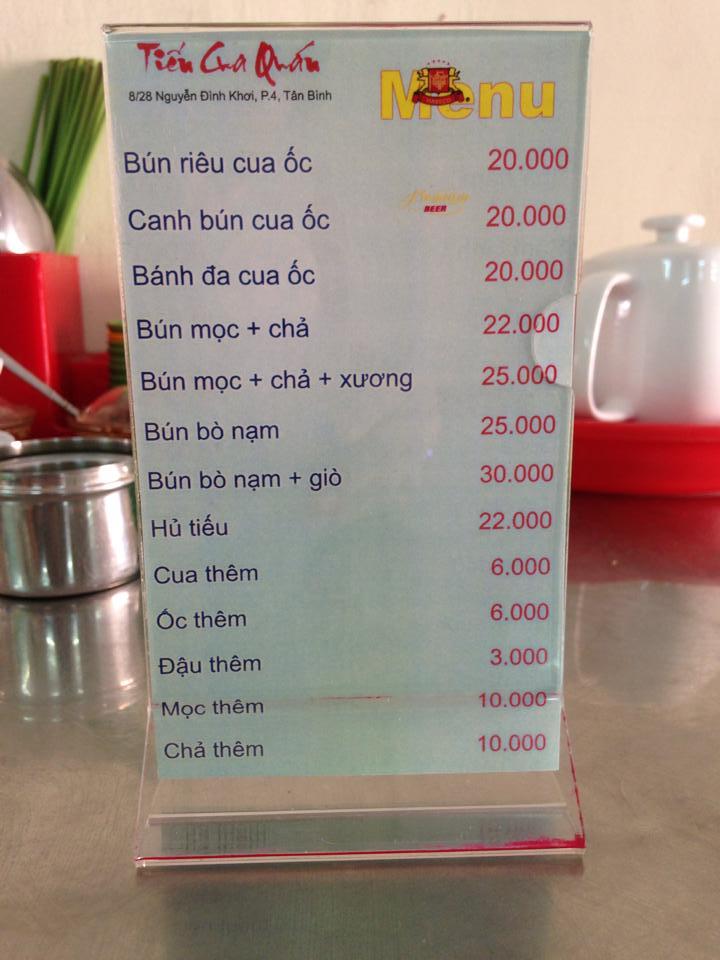Menu at BÚN RIÊU TIẾN CUA, Ho Chi Minh City