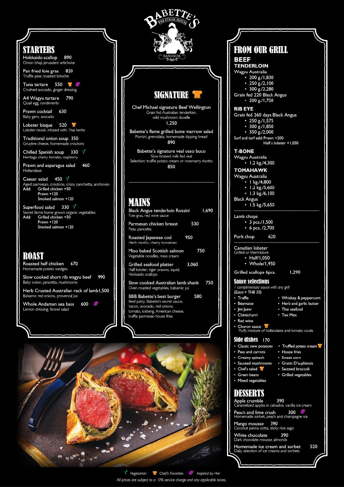 Menu at Babette's The Steak House pub & bar, Bangkok