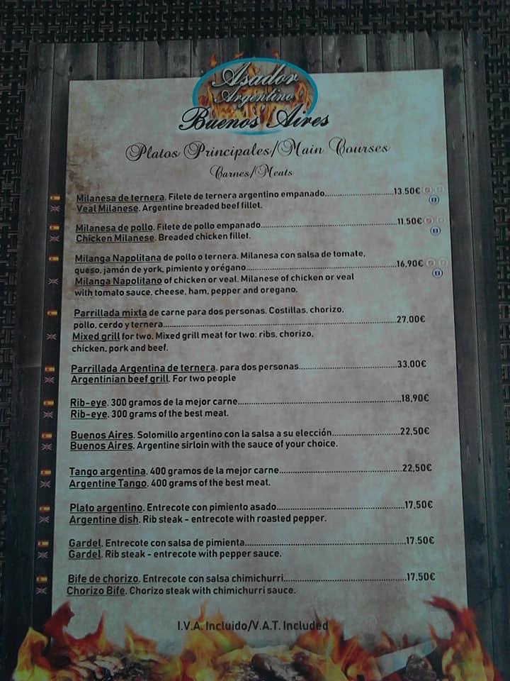 Menu at Steak House Buenos Aires Asador restaurant, Rojales