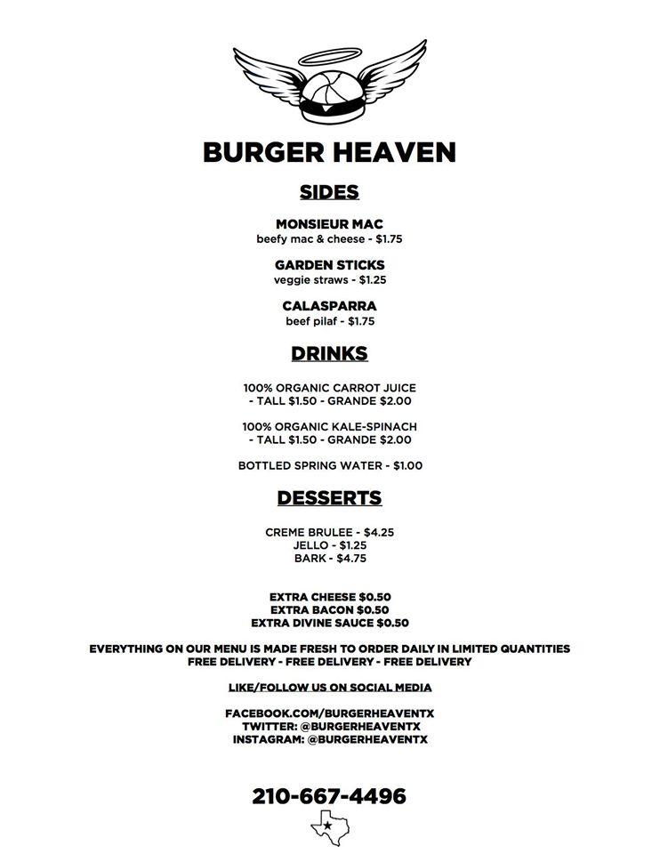 Menu at Burger Heaven restaurant, San Antonio