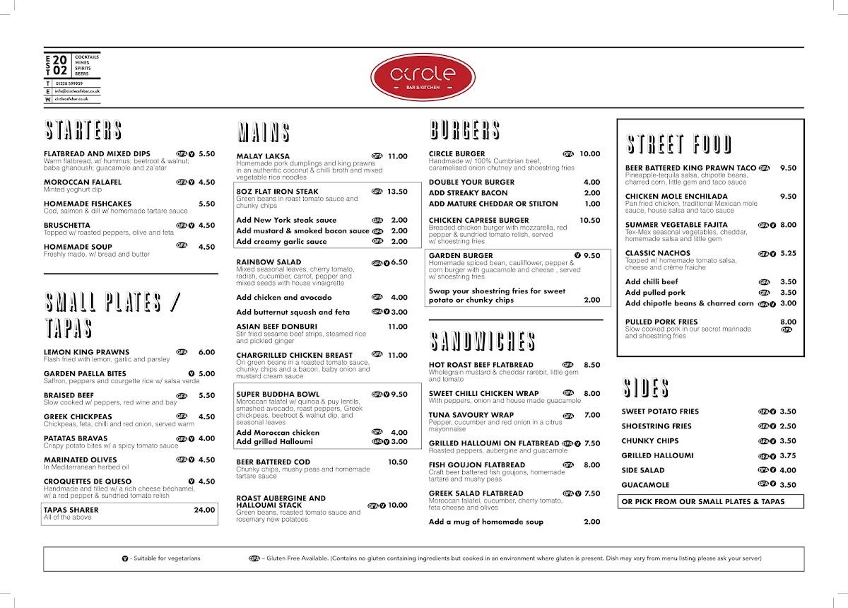 Menu at Circle Cafe Bar, Carlisle