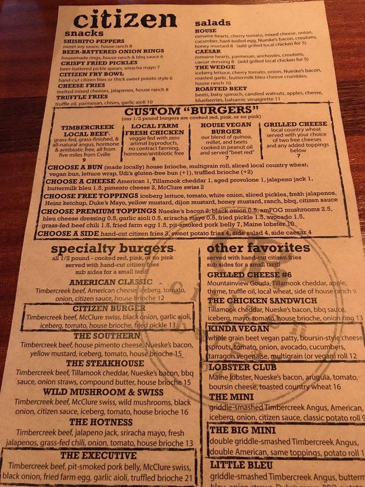 Menu at Citizen Burger Bar, Richmond