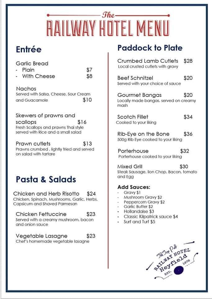Menu at Heyfield Railway Hotel pub & bar, Heyfield