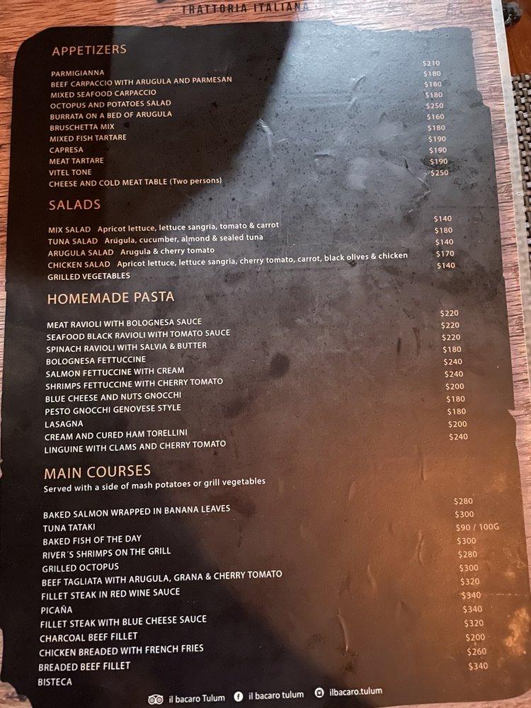 Menu at Il Bacaro pizzeria, Tulum
