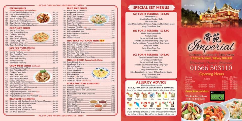 Menu at Imperial Chinese Cuisine fast food, Tetbury