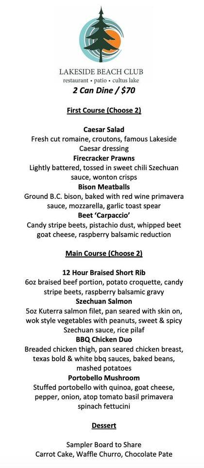 Menu at Lakeside Beach Club, Chilliwack, Columbia Valley Rd