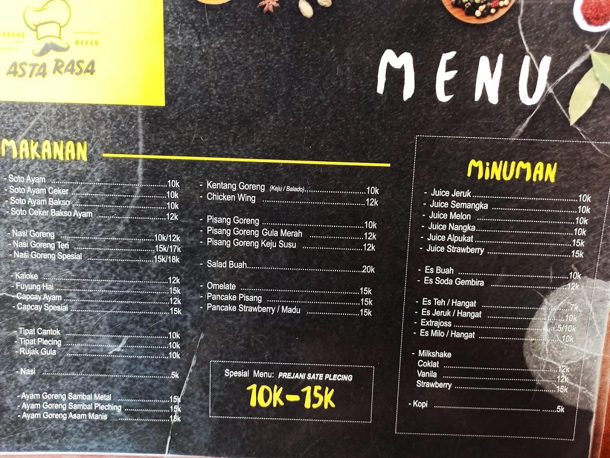 Menu at Asta Rasa (warung makan) restaurant, Indonesia