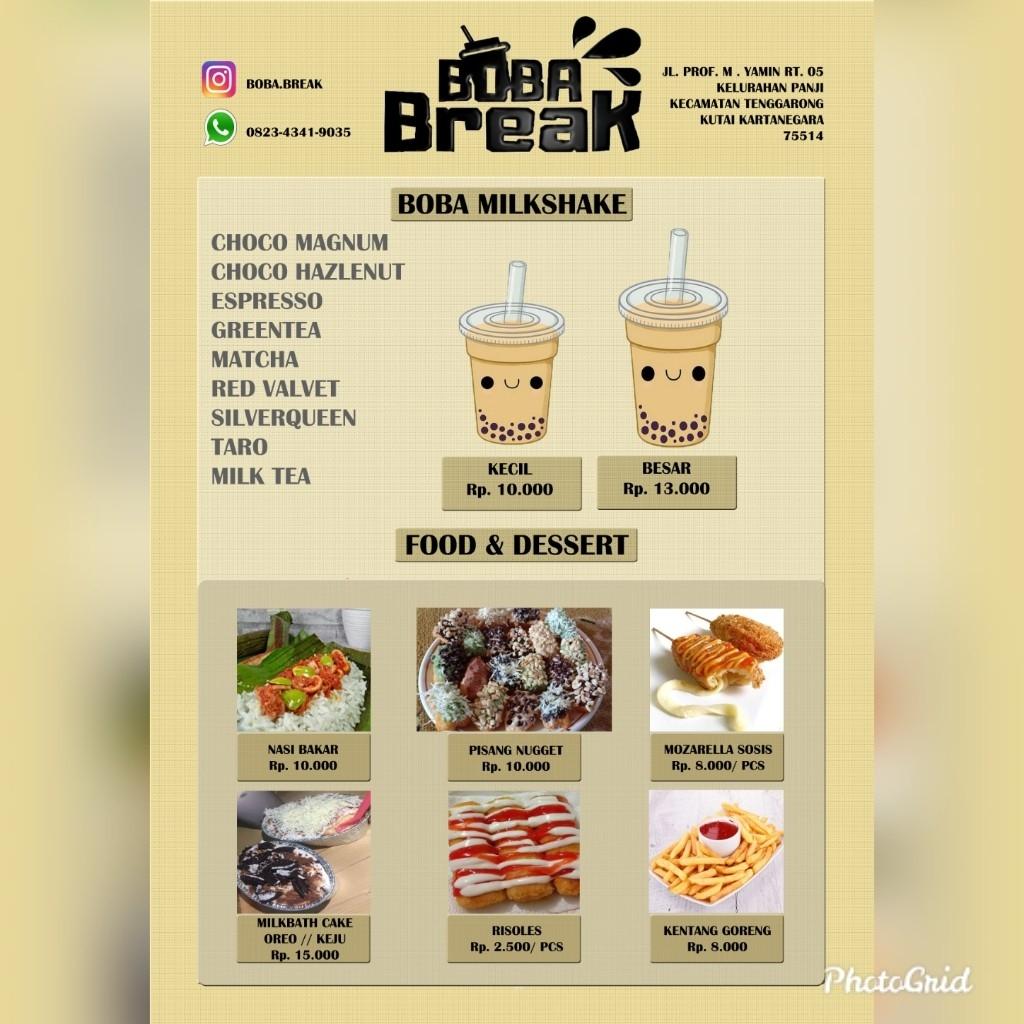 Menu at Boba Break, Tenggarong