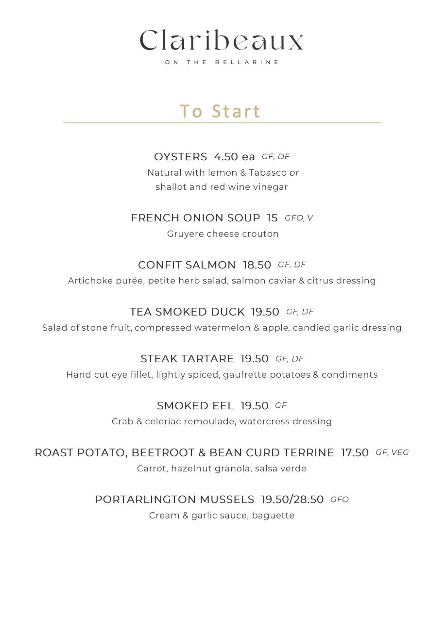 Menu at Claribeaux restaurant, Curlewis