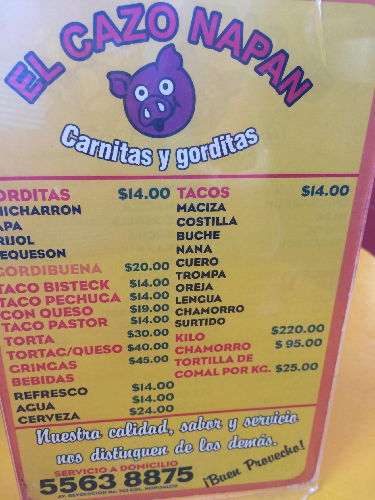 Carta del restaurante El Cazo Napan, Ciudad del México