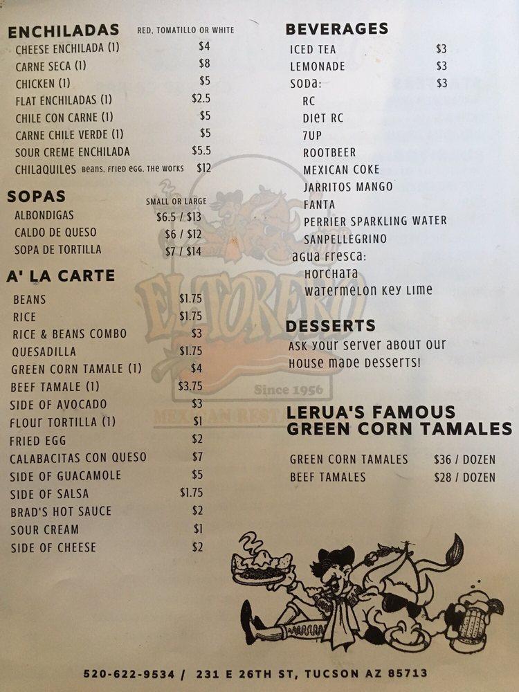 Menu at El Torero Restaurant, Tucson