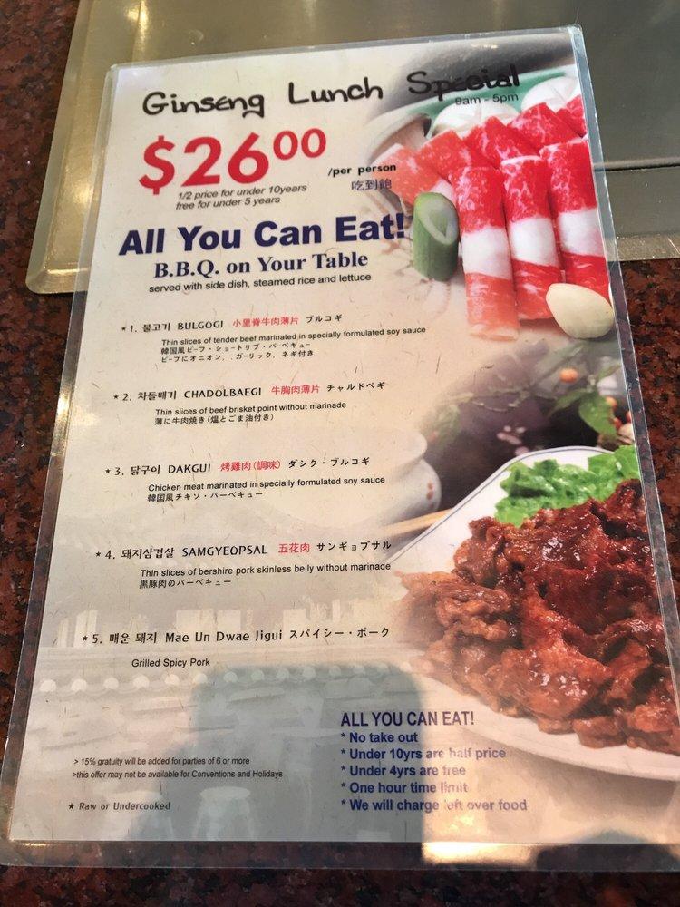 Menu at Ginseng II Korean BBQ, Las Vegas