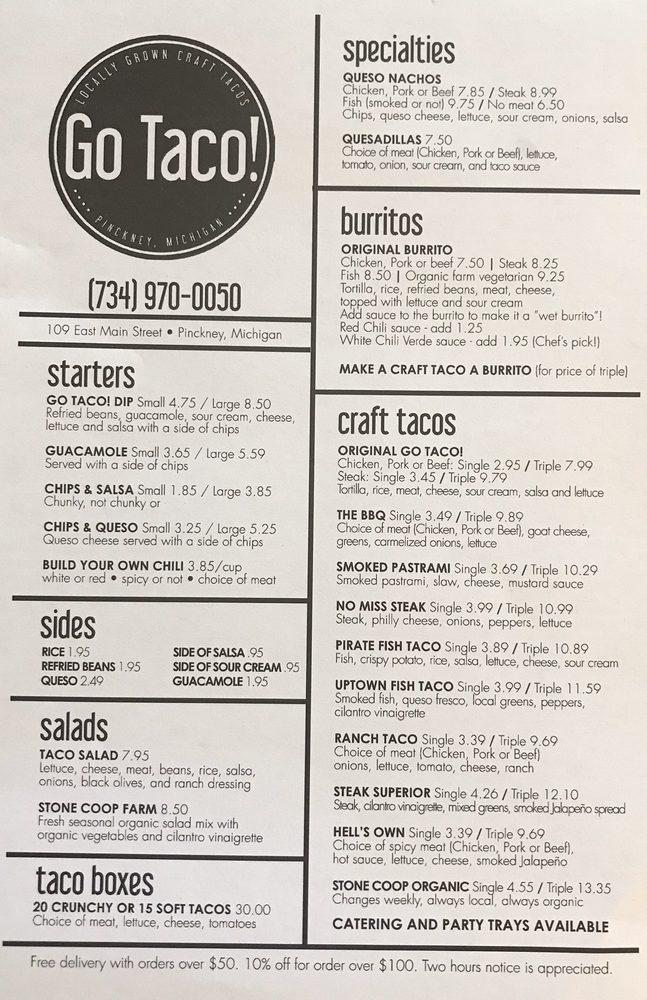 Menu at Go Taco restaurant, Pinckney