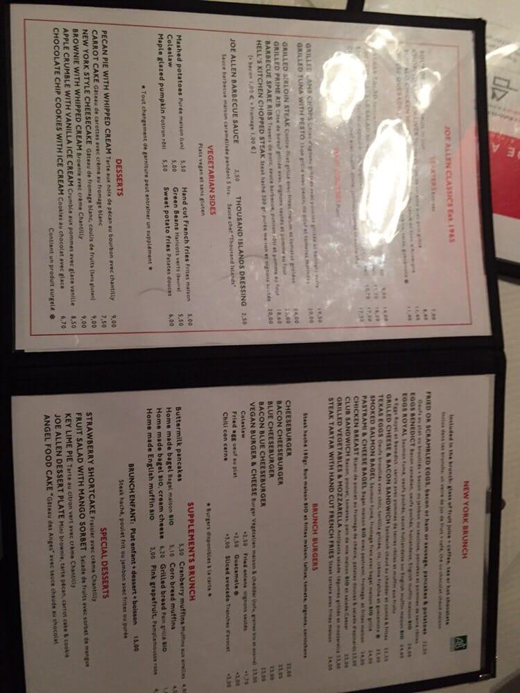 Menu at Joe Allen restaurant, Paris
