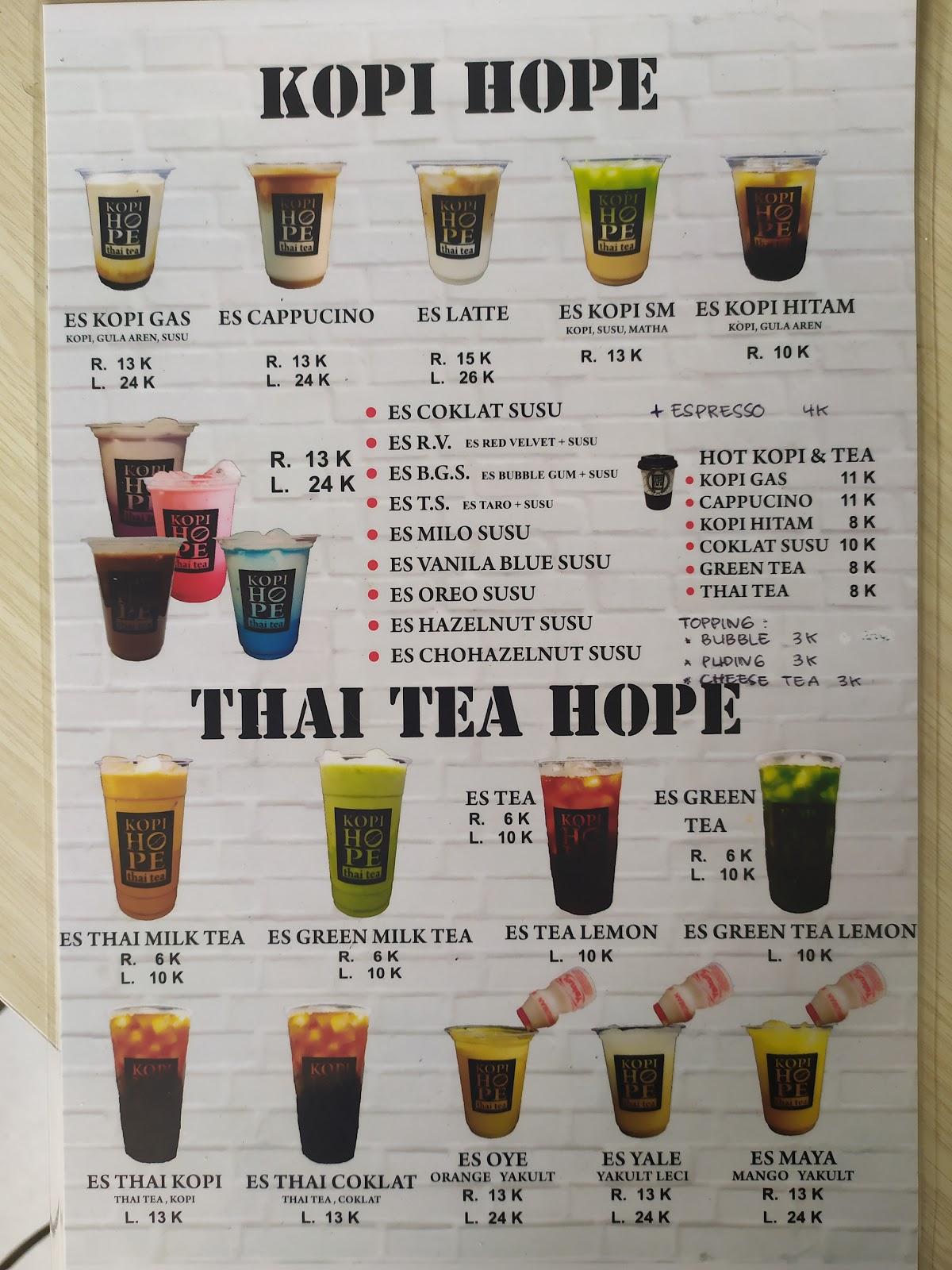 Menu at KOPI HOPE Thai Tea cafe, Bandung