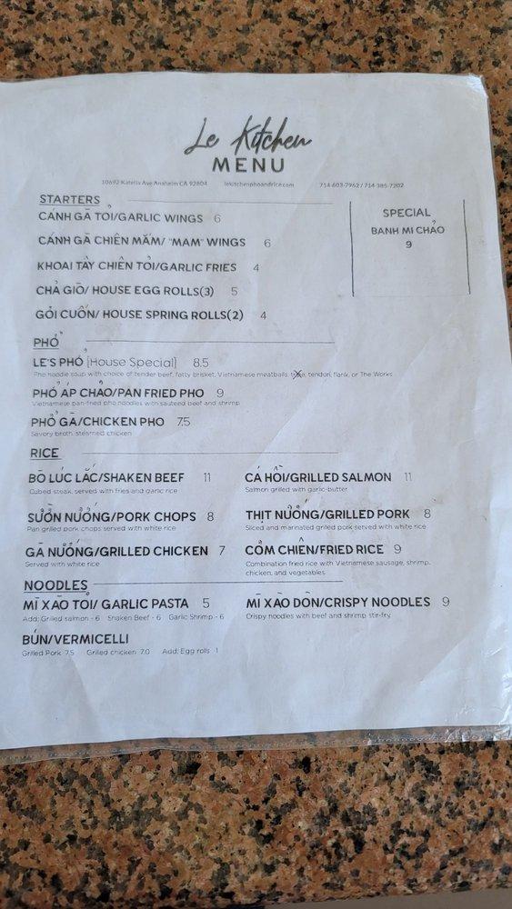 Menu at Le Kitchen Pho and Rice restaurant, Anaheim