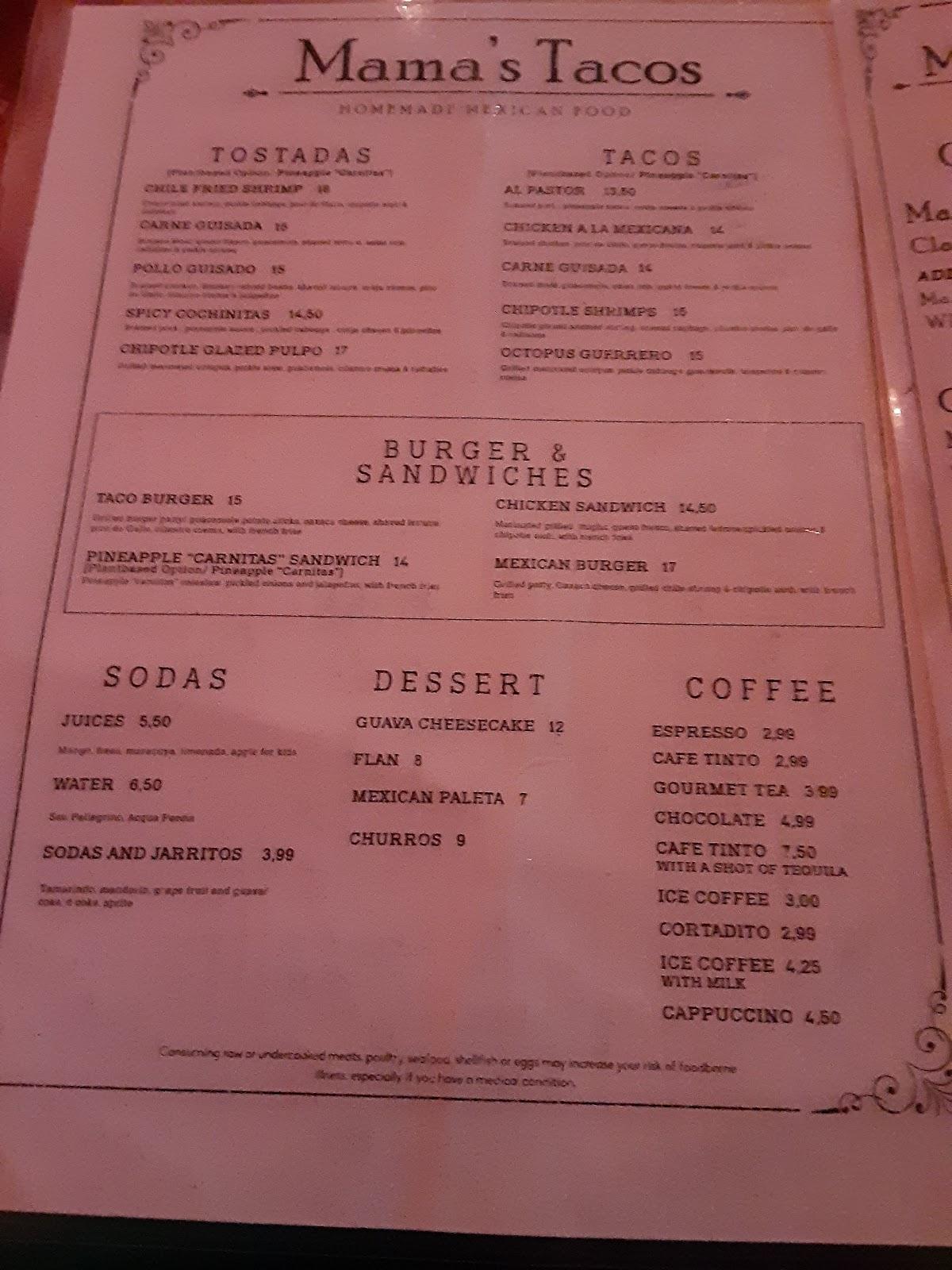 Menu at Mama's Tacos restaurant, Miami Beach