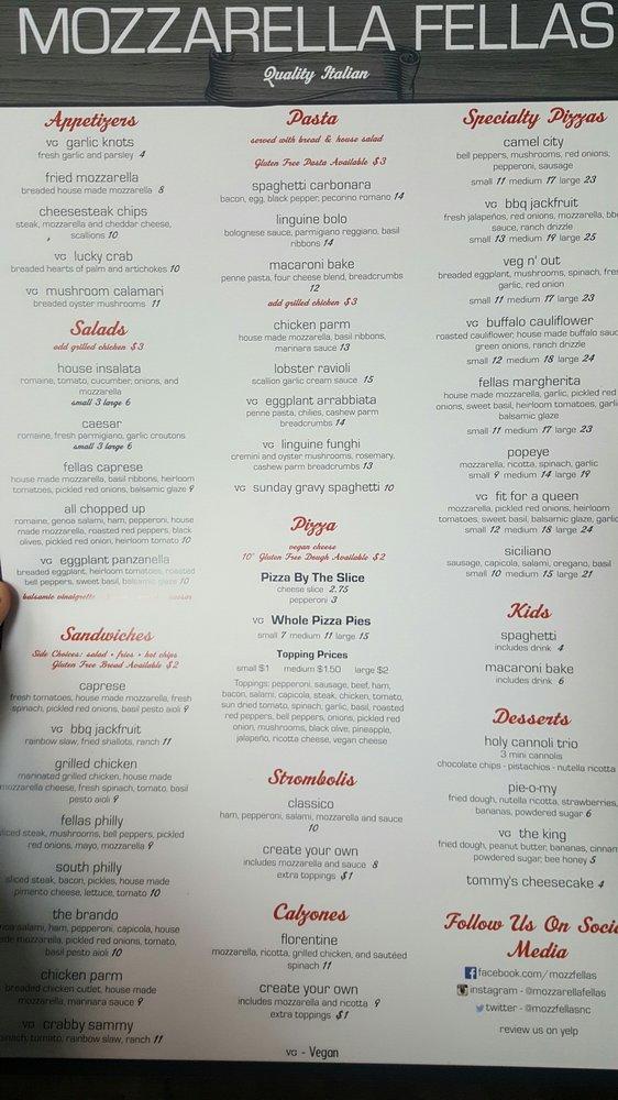 Menu at Mozzarella Fellas restaurant, Winston-Salem, 336 Summit Square Blvd