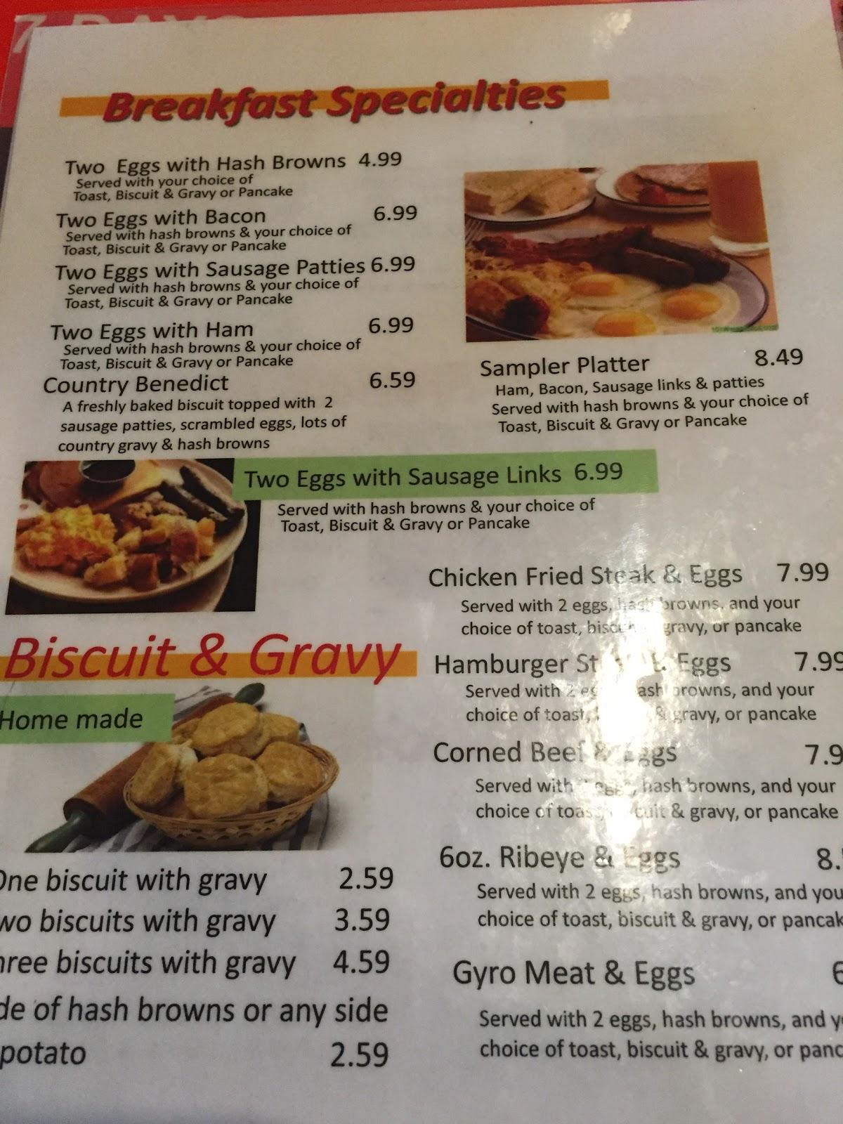 Menu at Norma's Diner restaurant, Joplin