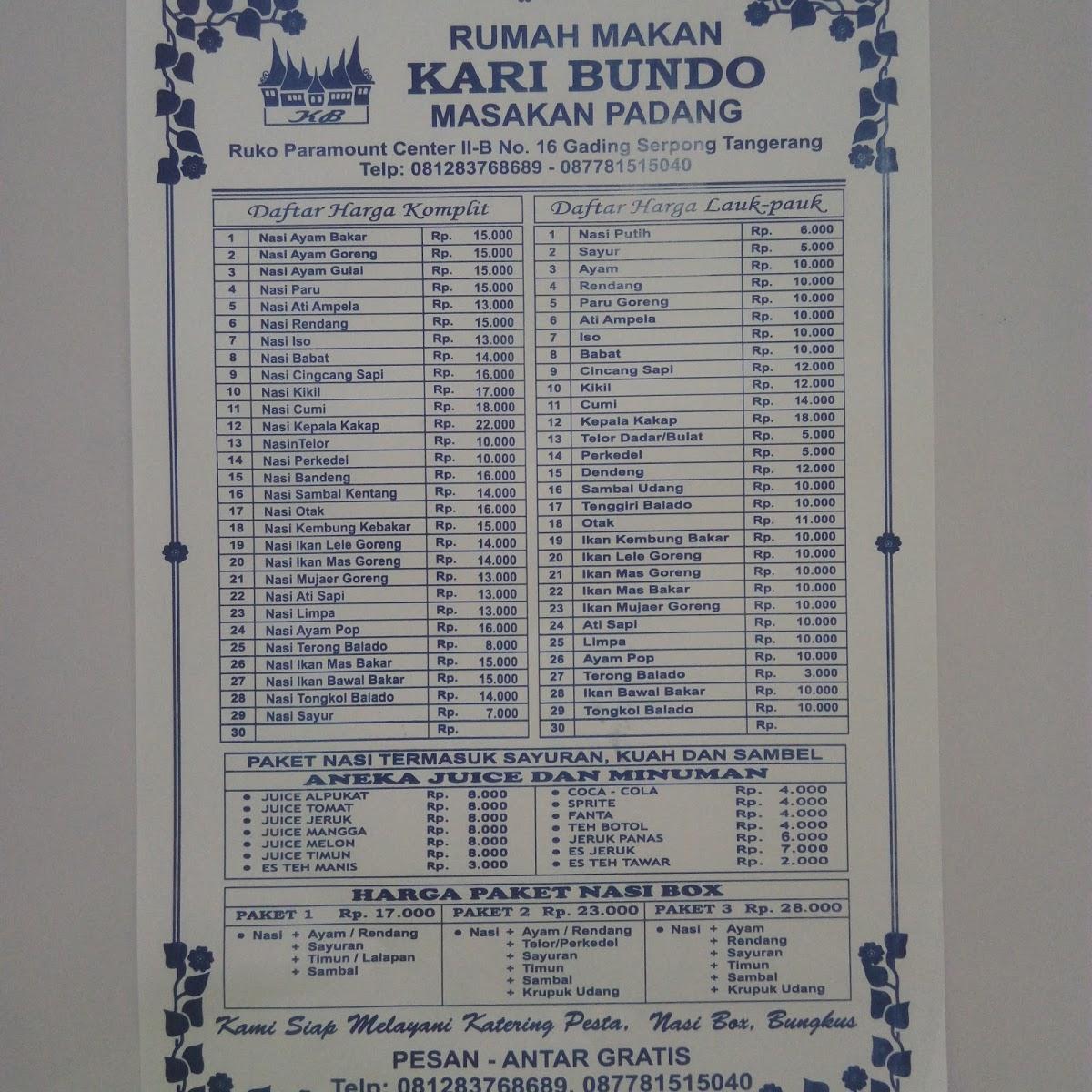 Menu at Rm Kari Bundo2 restaurant, Tangerang