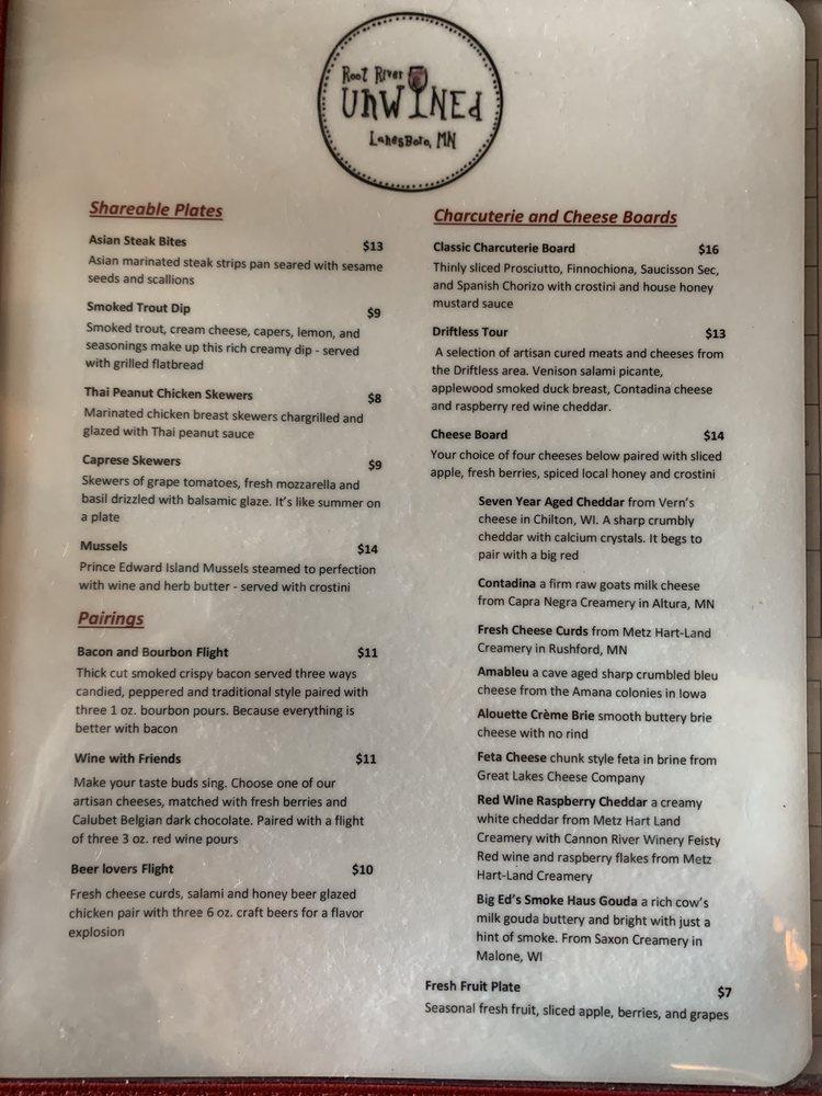 Menu at Root River Unwined Wine Bar, Lanesboro