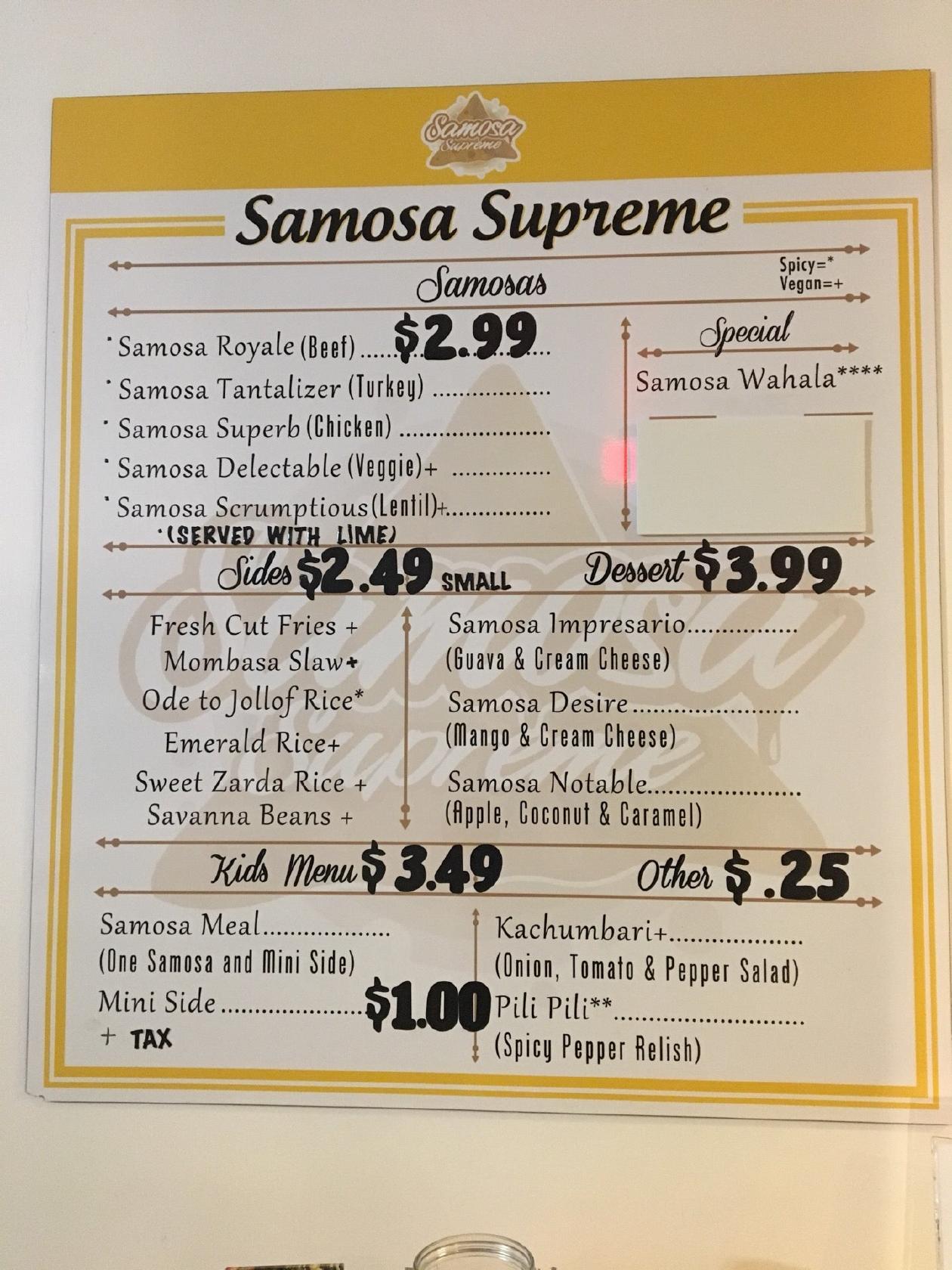 Menu at Samosa Supreme restaurant, Bowie
