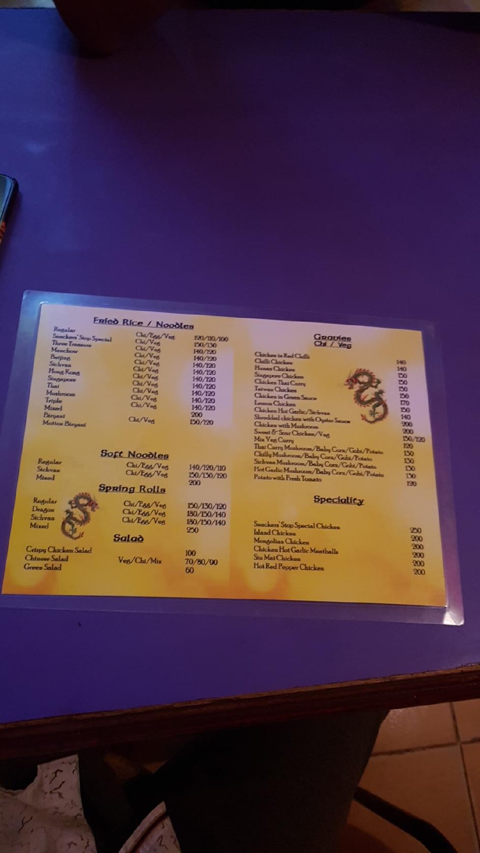 Menu at Snackers stop, Vasco da Gama