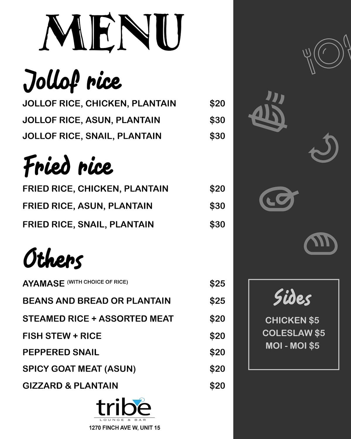 Menu at TRIBE LOUNGE pub & bar, Toronto
