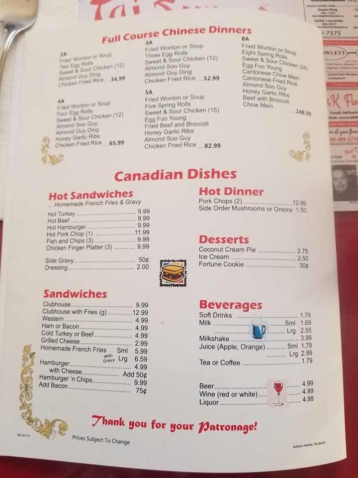 Menu at Tai Sun Restaurant, Grand Falls-Windsor