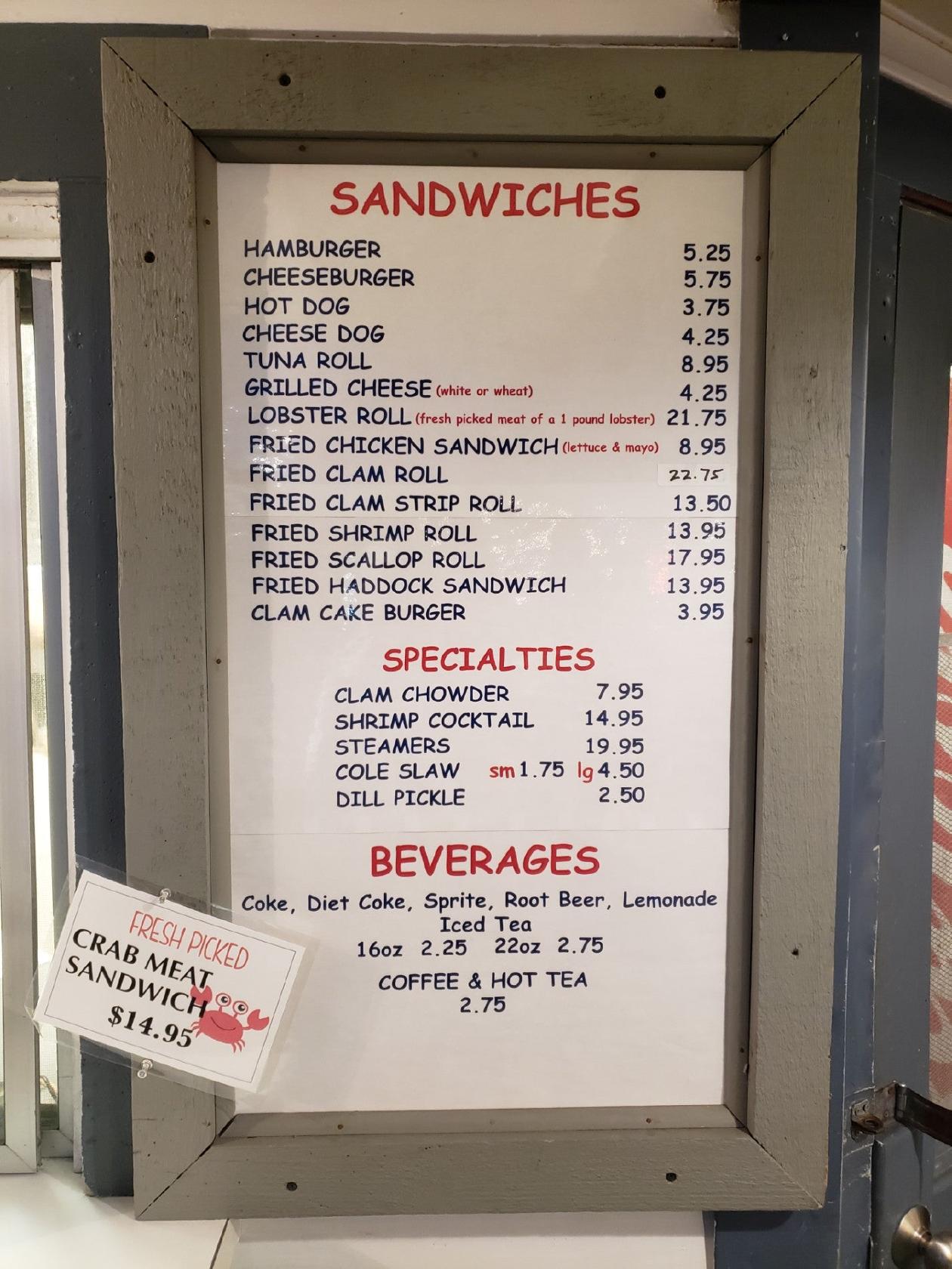 Menu at The Clam Shack restaurant, Kennebunk