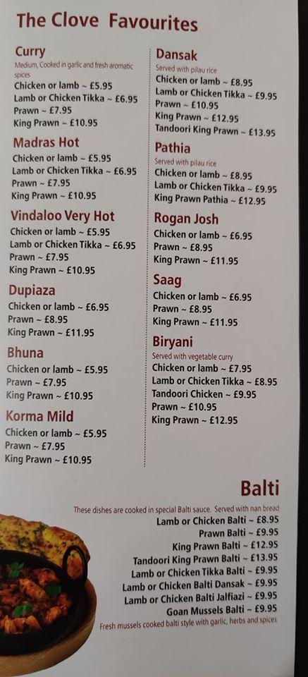 Menu at The Clove Tandoori restaurant, Swanley