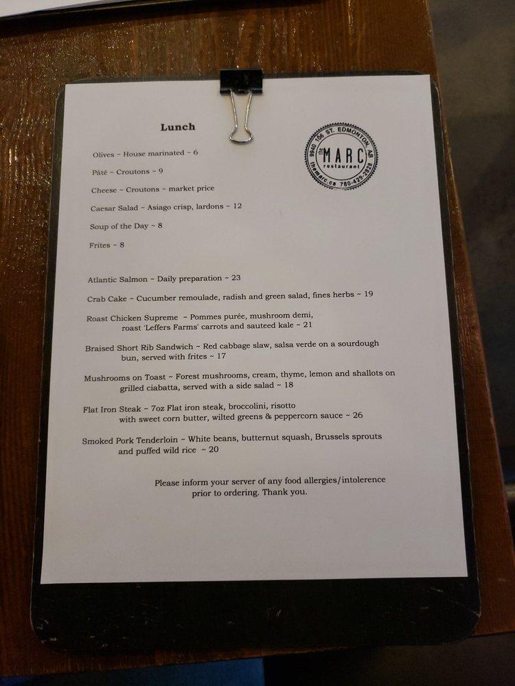 Carta del restaurante The Marc, Edmonton