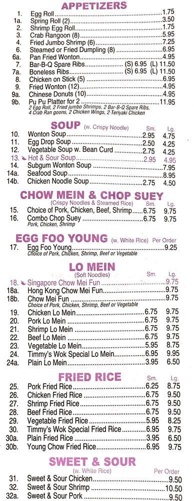 Menu at Timmy's Wok restaurant, Hamilton