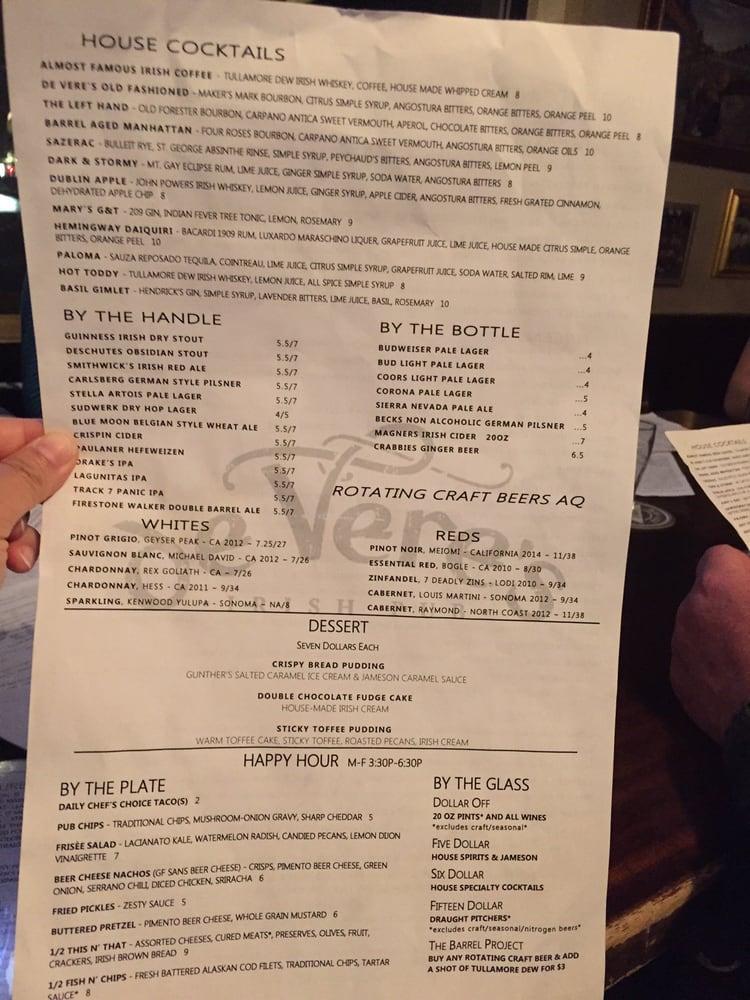 Menu at de Vere's Irish Pub, Davis