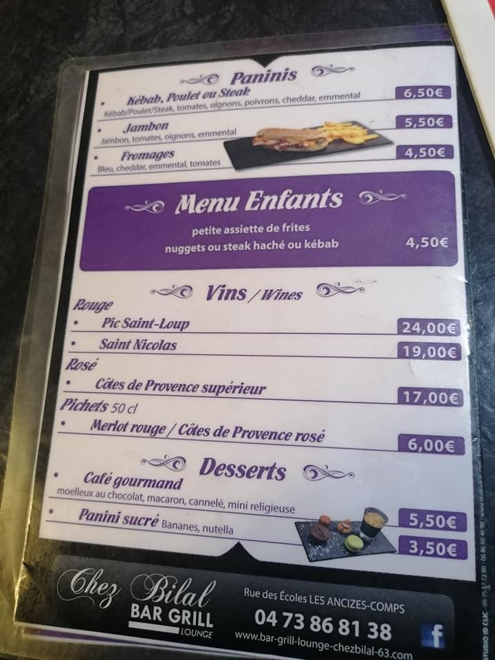 Menu au Bar Kebab Chez Bilal, Les Ancizes-Comps