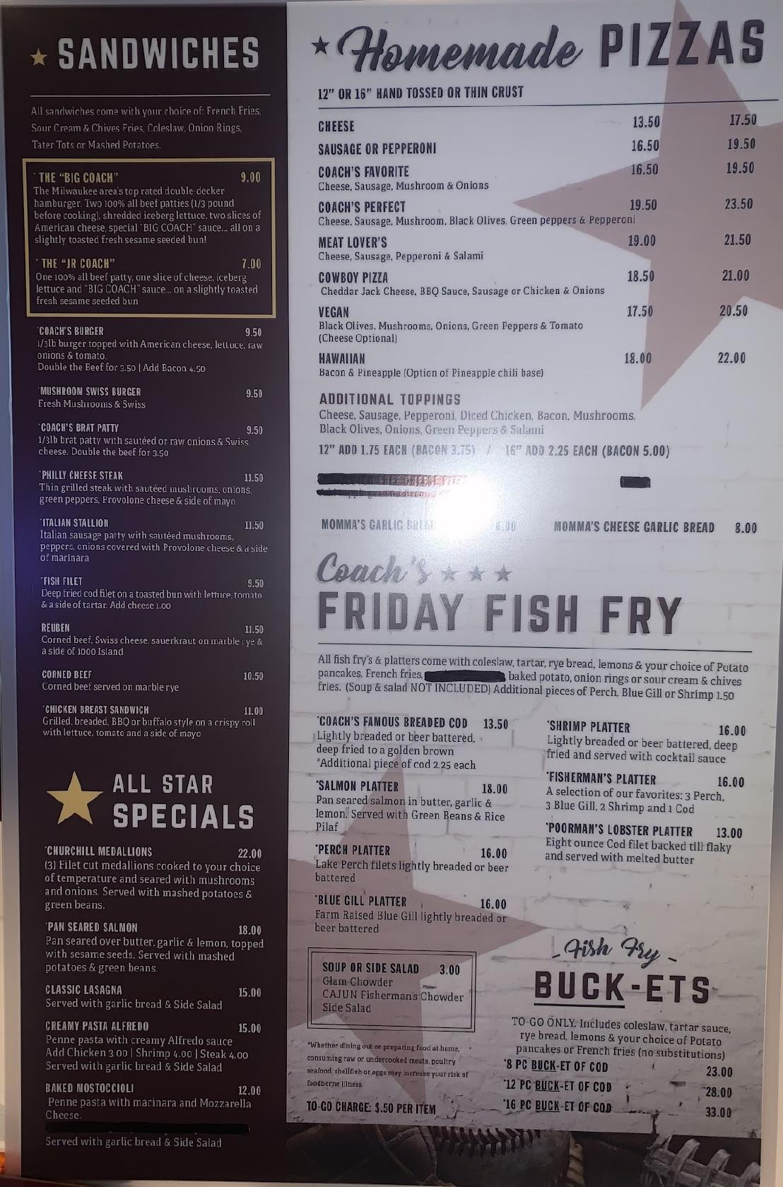Menu at Coach's on the Lake restaurant, Muskego