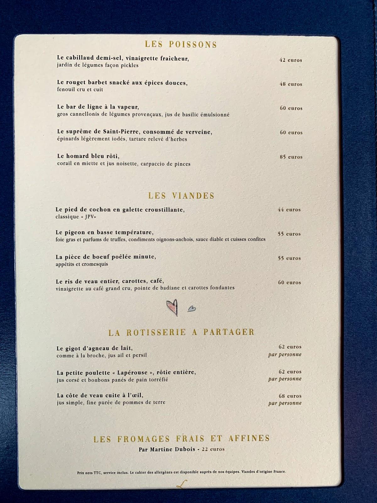 Menu au Lapérouse restaurant, Paris, 51 Quai des Grands Augustins