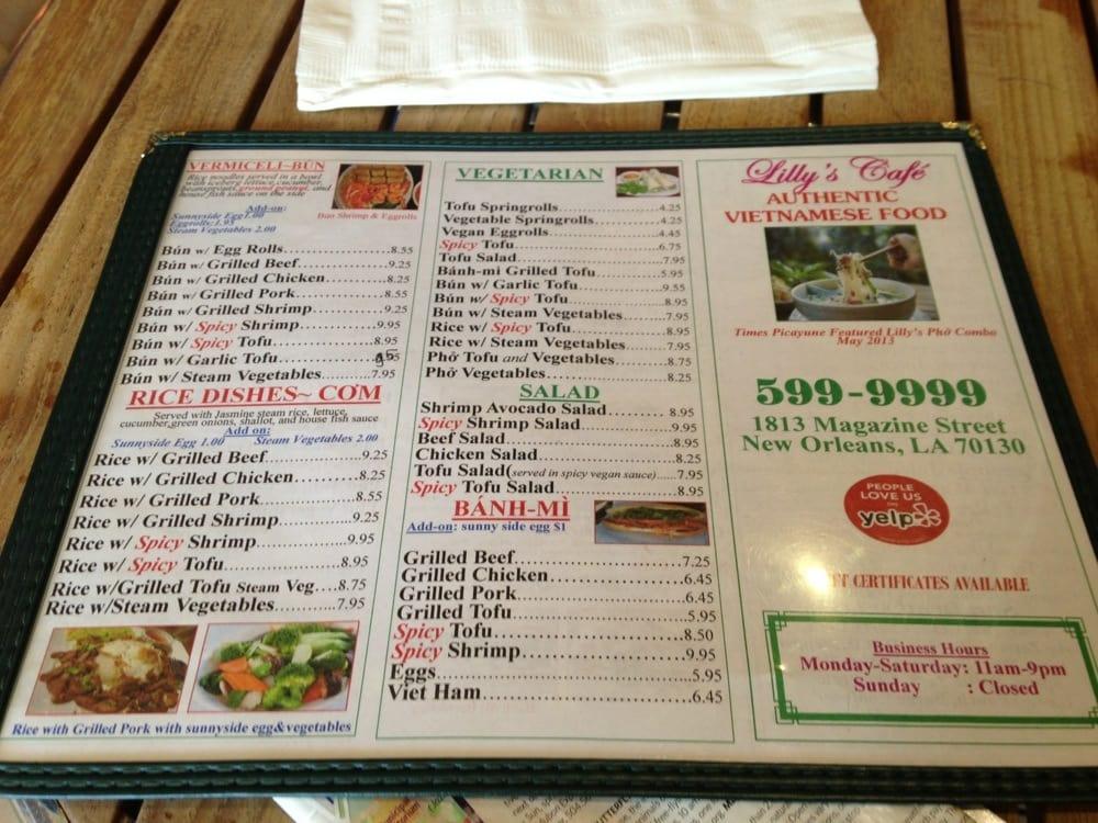 Menu at Lilly's Café restaurant, New Orleans