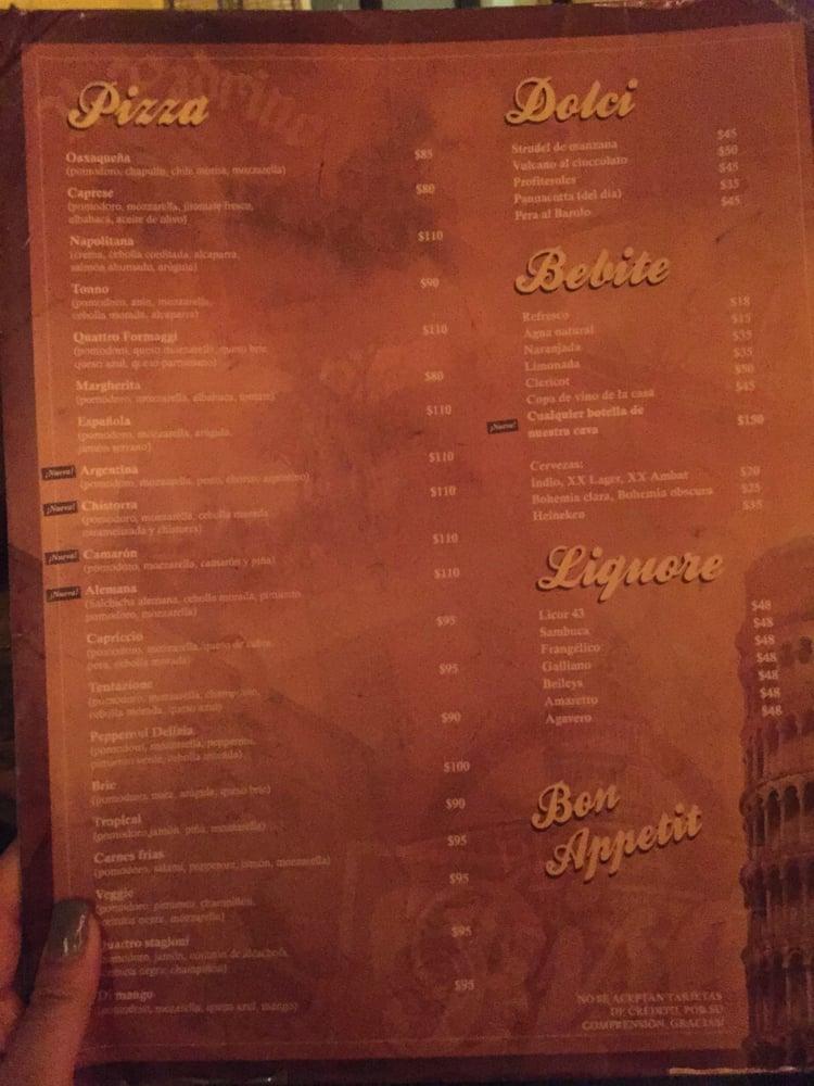 Menu at Pisa Pizza pizzeria, Oaxaca, Miguel Hidalgo 111B