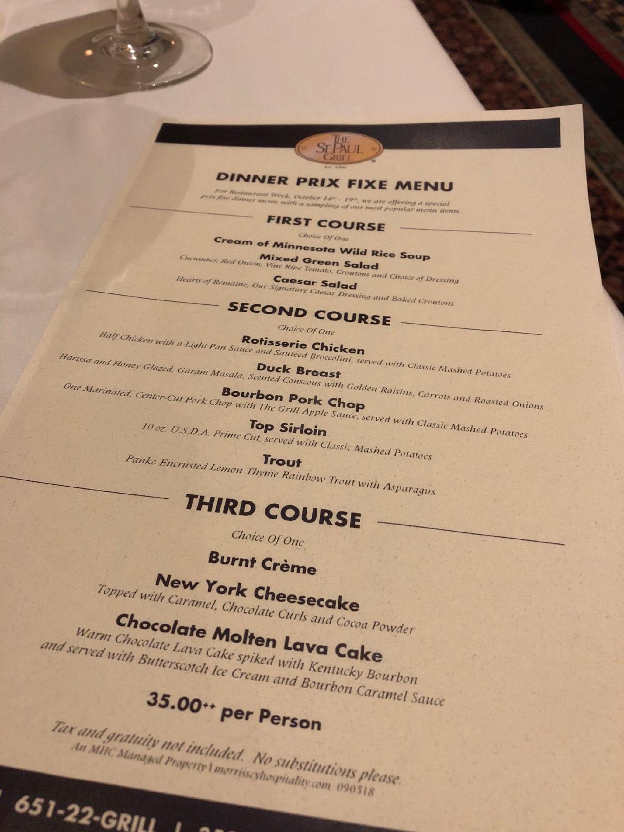 Menu at The St. Paul Grill restaurant, Saint Paul