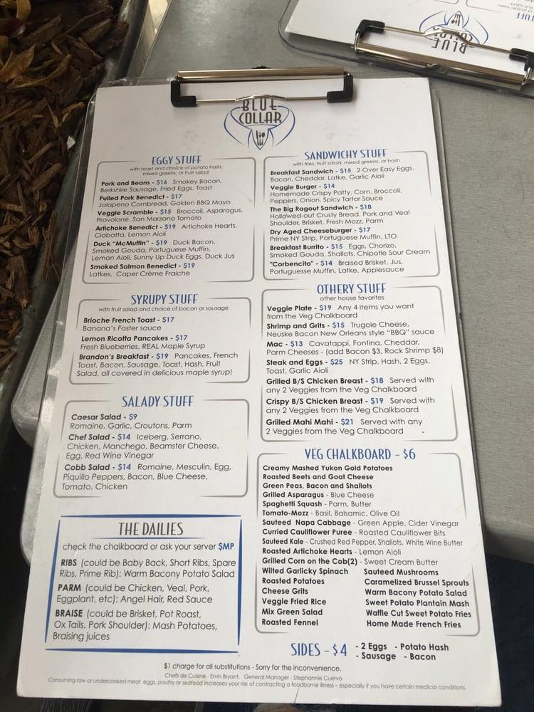 Menu at Blue Collar restaurant, Miami