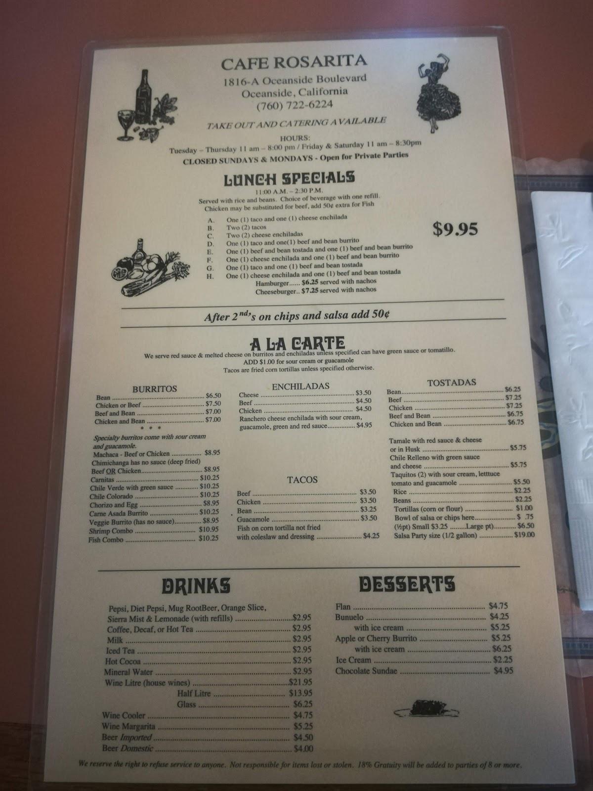 Menu at Cafe Rosarita, Oceanside, Oceanside Blvd # A