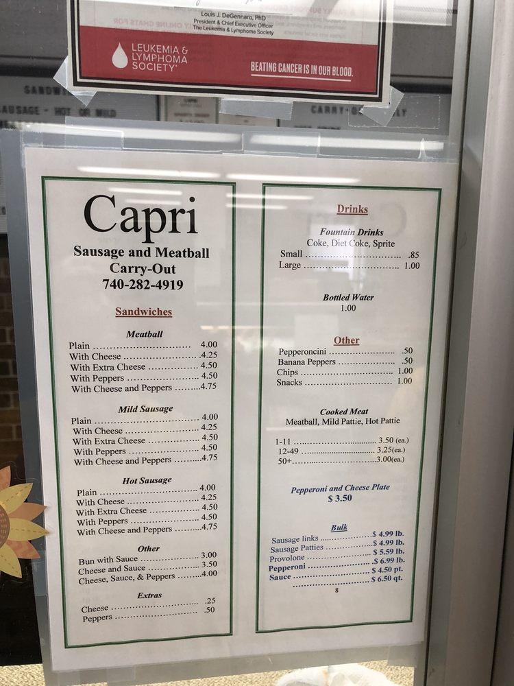 Menu at Capri restaurant, Steubenville
